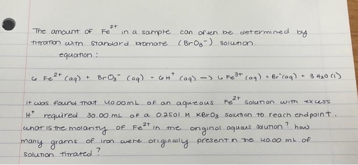 Solved The amount of Fe2+ in a sample can often be | Chegg.com