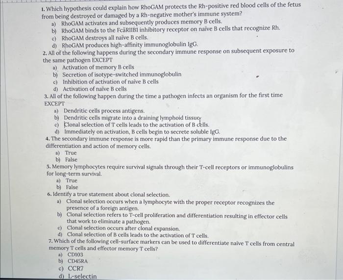 Solved 1. Which hypothesis could explain how RhoGAM protects | Chegg.com