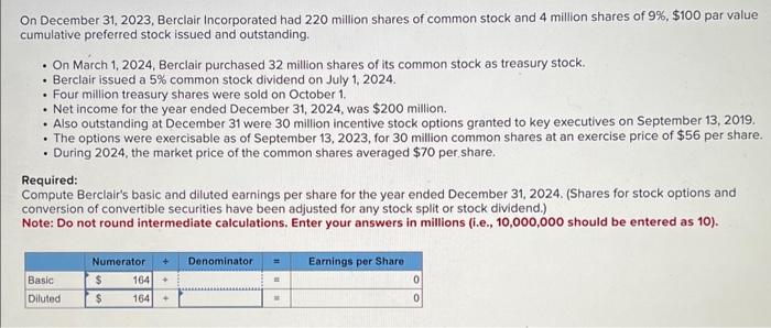 Solved On December 31,2023 , Berclair Incorporated had 220 | Chegg.com
