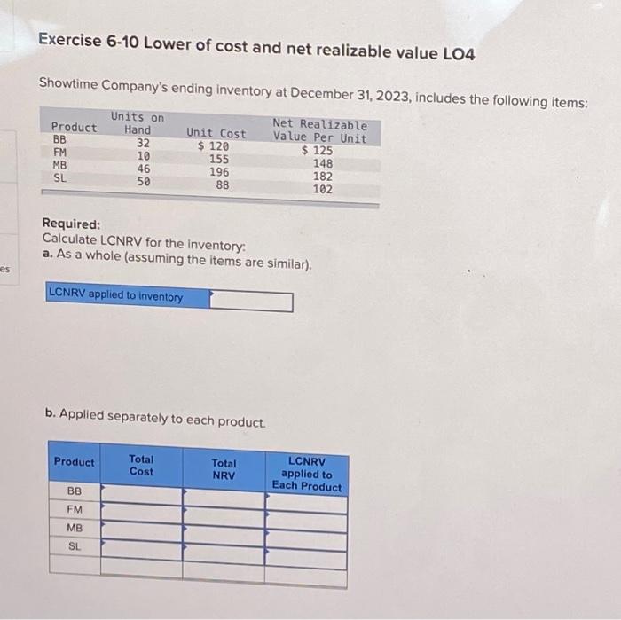 Solved es Exercise 6-10 Lower of cost and net realizable | Chegg.com