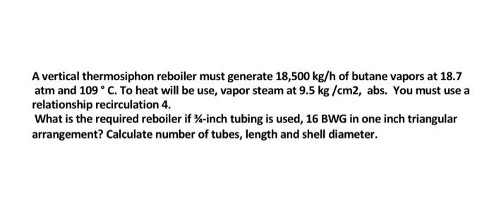Solved A vertical thermosiphon reboiler must generate 18,500 | Chegg.com
