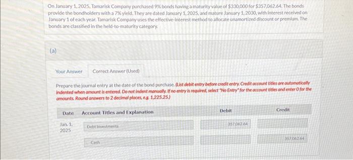 Solved On January 1, 2025, Tamarisk Company purchased 9% | Chegg.com