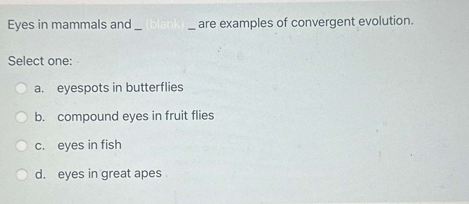Solved Eyes in mammals and q, ﻿are examples of convergent | Chegg.com