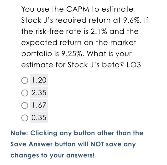 Solved You use the CAPM to estimate Stock J's required | Chegg.com