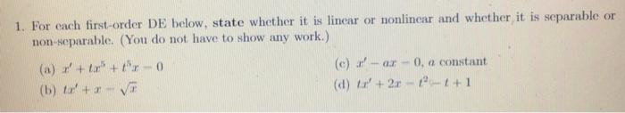 Solved 1. For each first-order DE below, state whether it is | Chegg.com