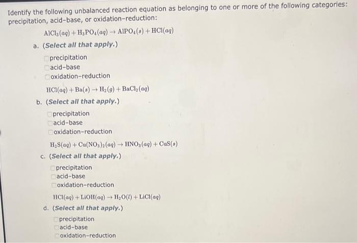 Solved Identify The Following Unbalanced Reaction Equation