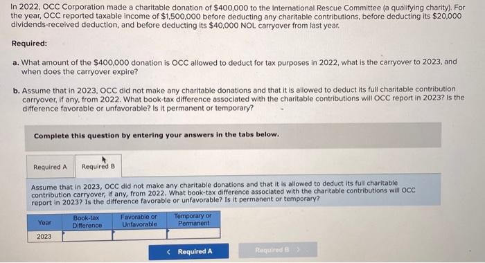 Solved In 2022 , OCC Corporation made a charitable donation | Chegg.com