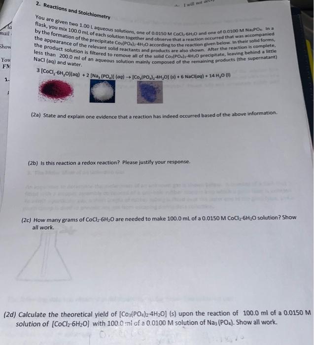 Solved 2. Reactions and Stoichiometry You are given two 1.00 | Chegg.com