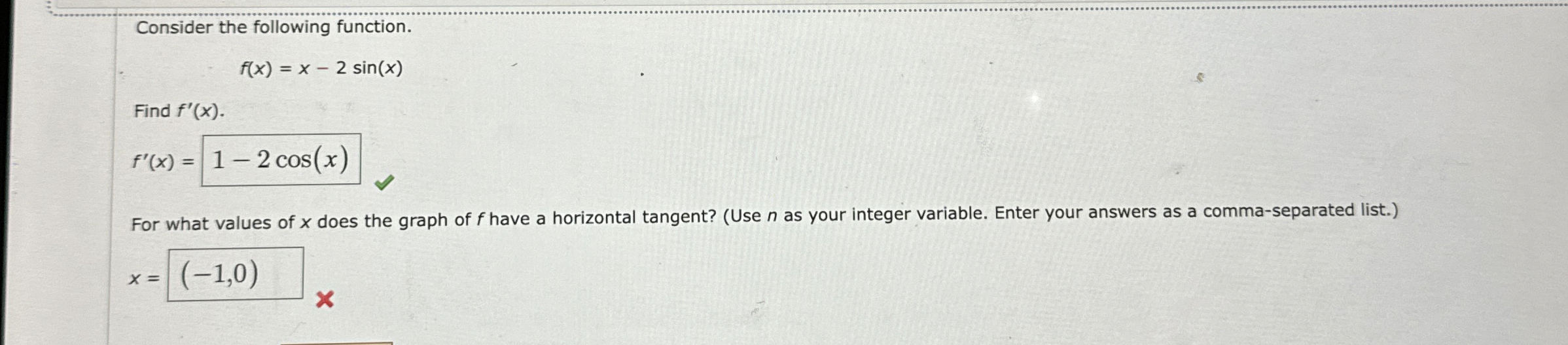 Solved Consider the following function.f(x)=x-2sin(x)Find | Chegg.com