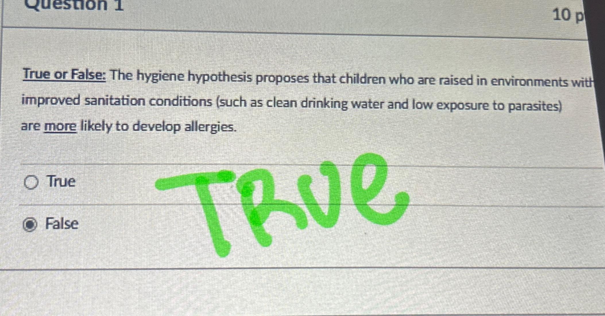 Solved True or False: The hygiene hypothesis proposes that | Chegg.com