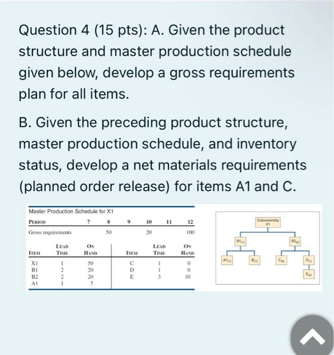 Solved Question 4 (15 pts): A. Given the product structure | Chegg.com