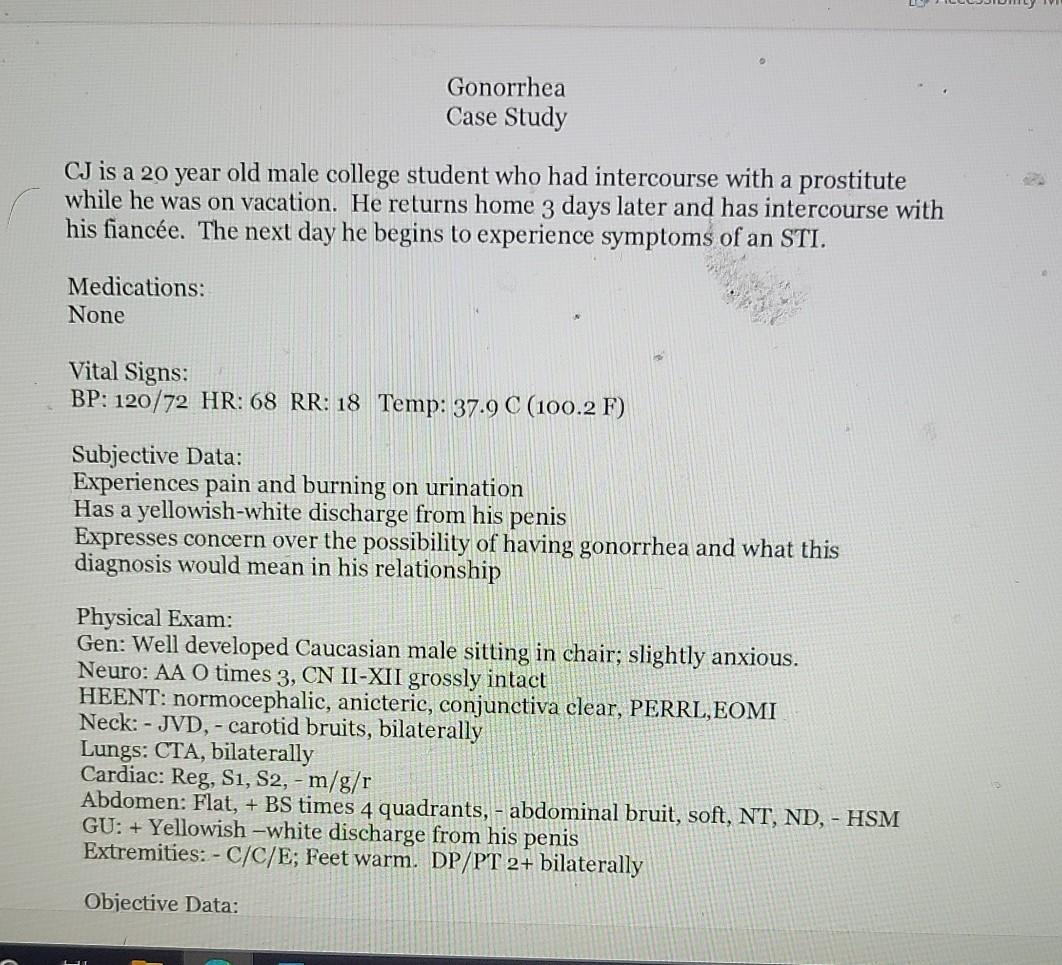 Solved Gonorrhea Case Study CJ is a 20 year old male college | Chegg.com