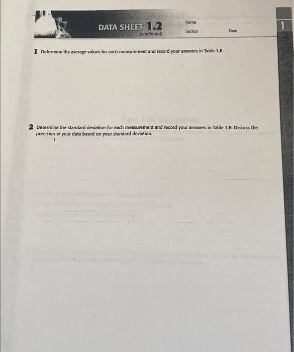 DATA SHEET 1.2 (continued) Name Section 1 Determine | Chegg.com