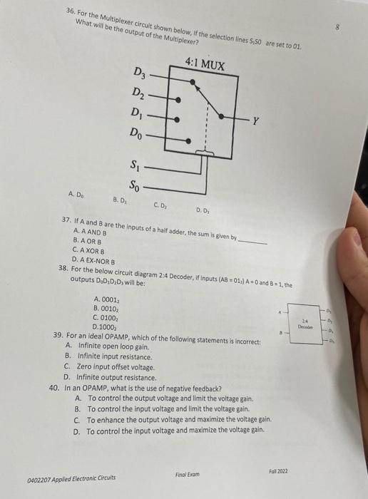 Solved 36. For the Multiplexer circuit shown below, if the | Chegg.com