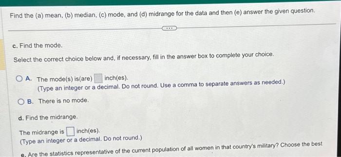 Solved Find the (a) mean, (b) median, (c) mode, and (d) | Chegg.com