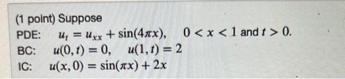 Solved (1 point) Suppose PDE: ut=uxx+sin(4πx),00. | Chegg.com