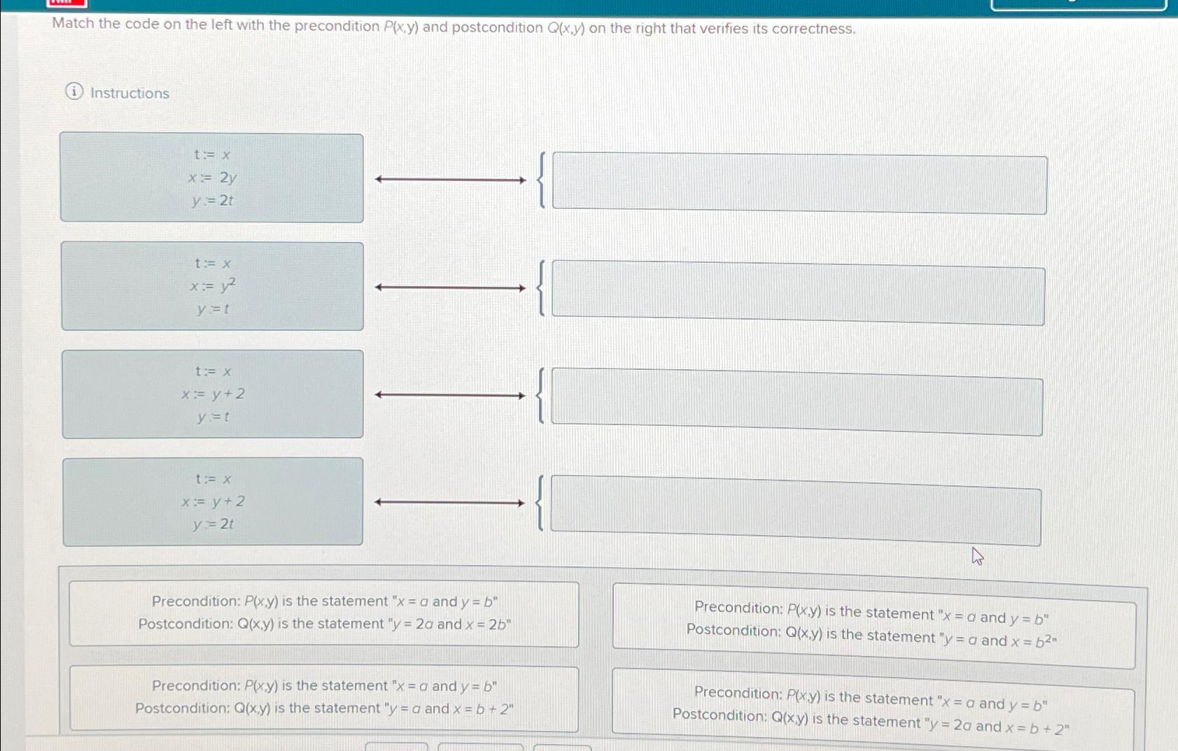 Solved Match the code on the left with the precondition | Chegg.com