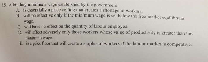 Solved 15. A binding minimum wage established by the | Chegg.com