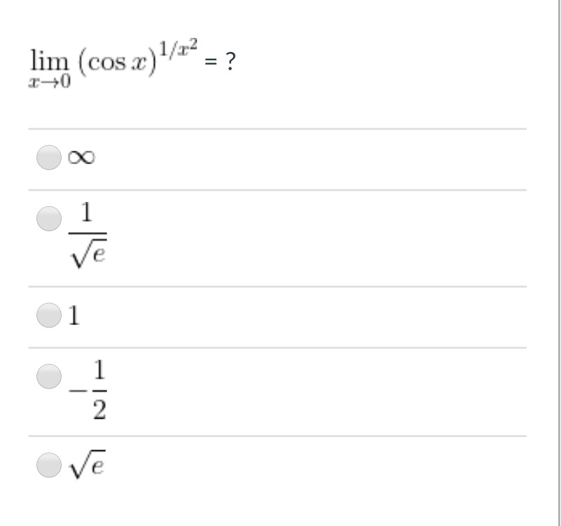 Solved lim (cos x)"/r? = ? 10 00 1 ve 1 1 2 ſe | Chegg.com