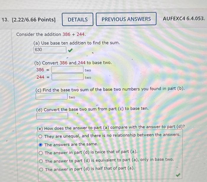 Solved 66 Points] der the addition 386+244 (a) Use base ten | Chegg.com