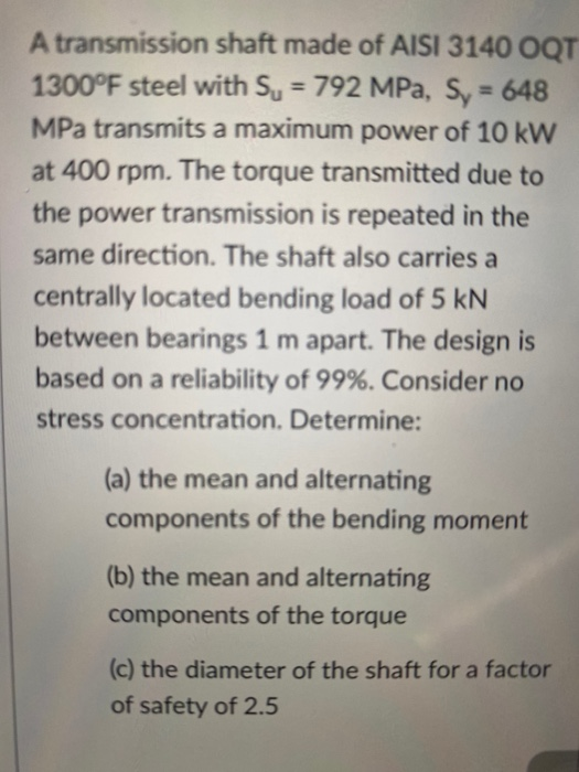 Solved A transmission shaft made of AISI 3140 OQT 1300°F | Chegg.com