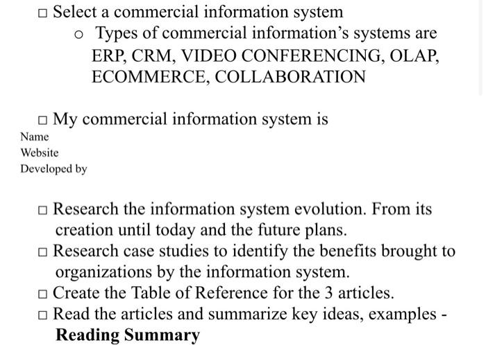 Select a commercial information system - Types of | Chegg.com