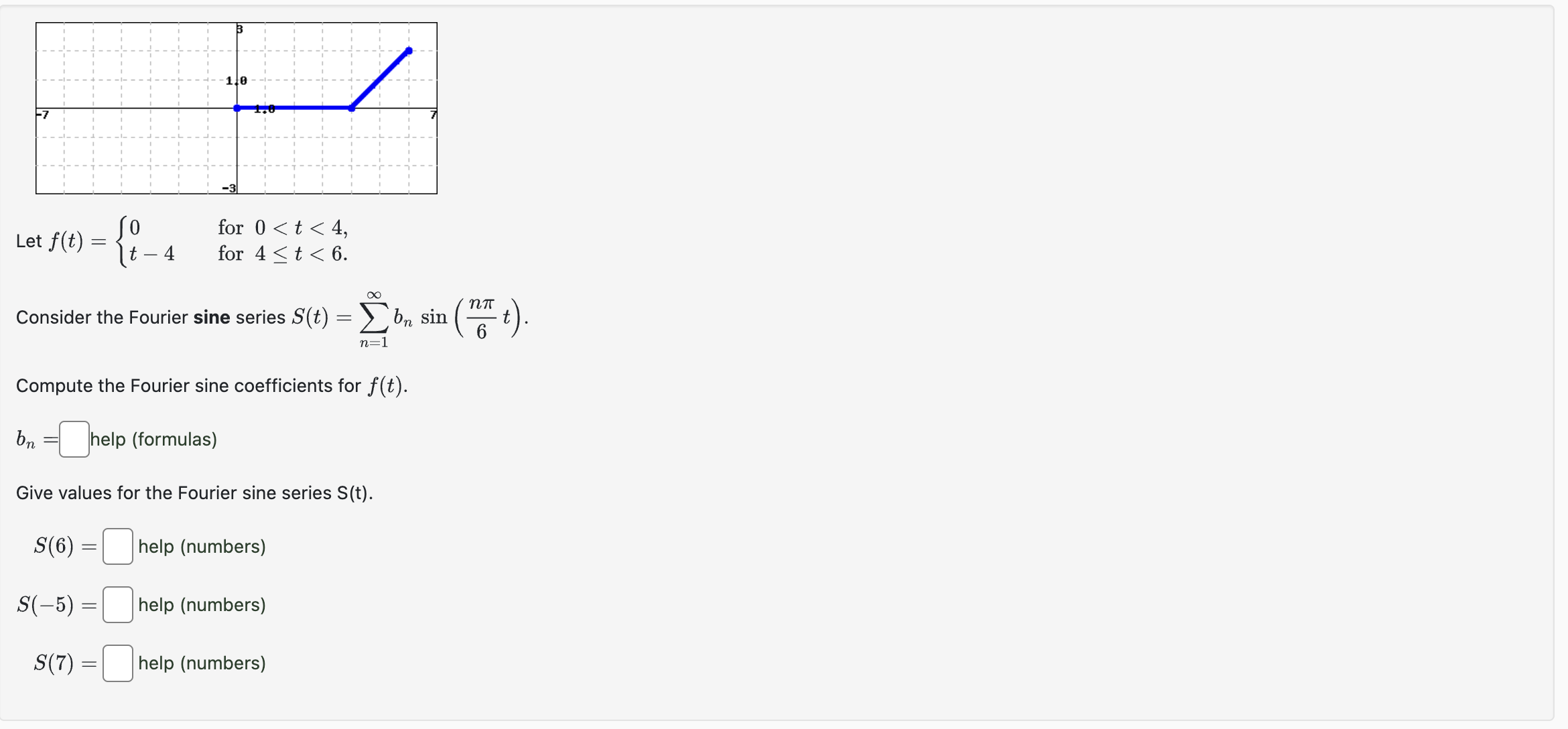 Solved Let S(t)=∑n=1∞bnsin(nπ6t)f(t)bn=S(t)S(6)=?-help | Chegg.com Solved Let S(t)=∑n=1∞bnsin(nπ6t)f(t)bn=S(t)S(6)=?-help | Chegg.com