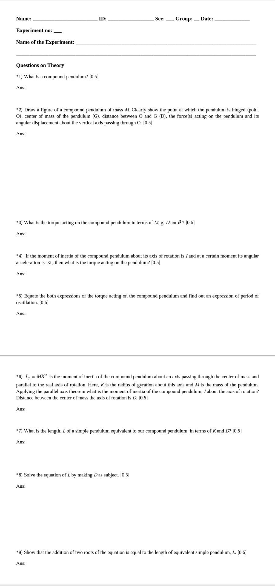 Principles of Physics I (PHY111) Lab Experiment no: 2 | Chegg.com