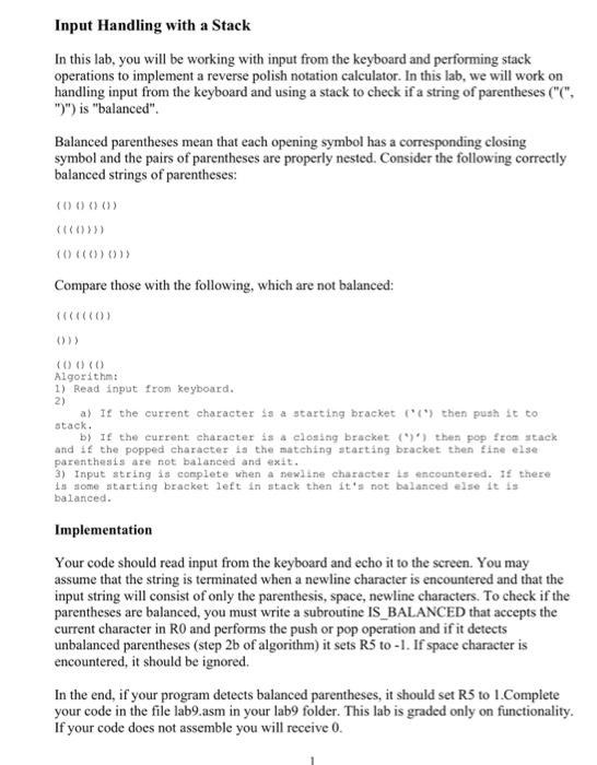 Input Handling with a Stack In this lab, you will be | Chegg.com
