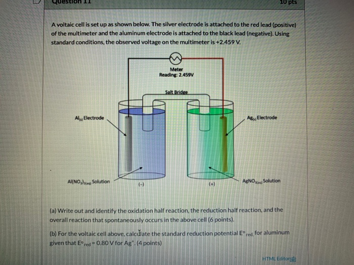 Solved Question 11 10 pts A voltaic cell is set up as shown | Chegg.com