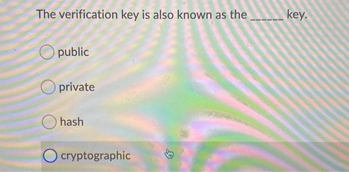Solved The verification key is also known as the key. public | Chegg.com