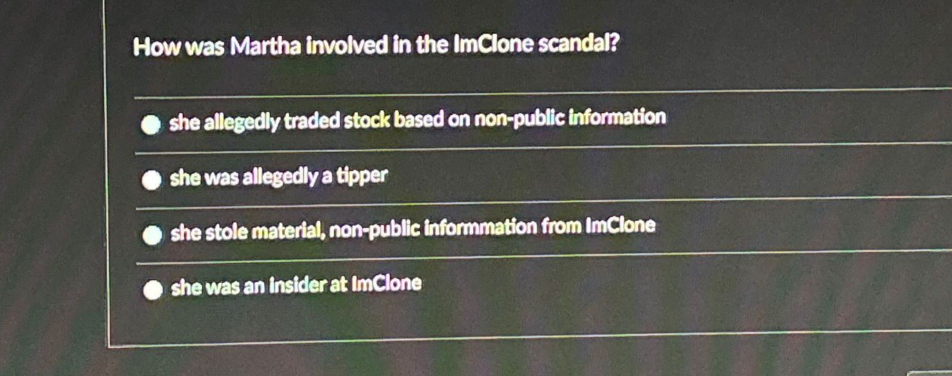 Solved How was Martha involved in the ImClone scandal?she | Chegg.com