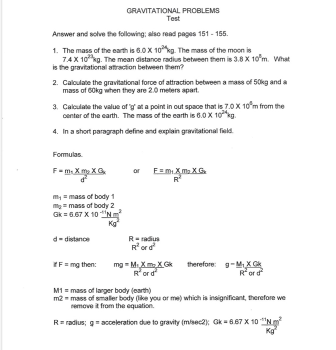 Solved GRAVITATIONAL PROBLEMS Test Answer and solve the | Chegg.com