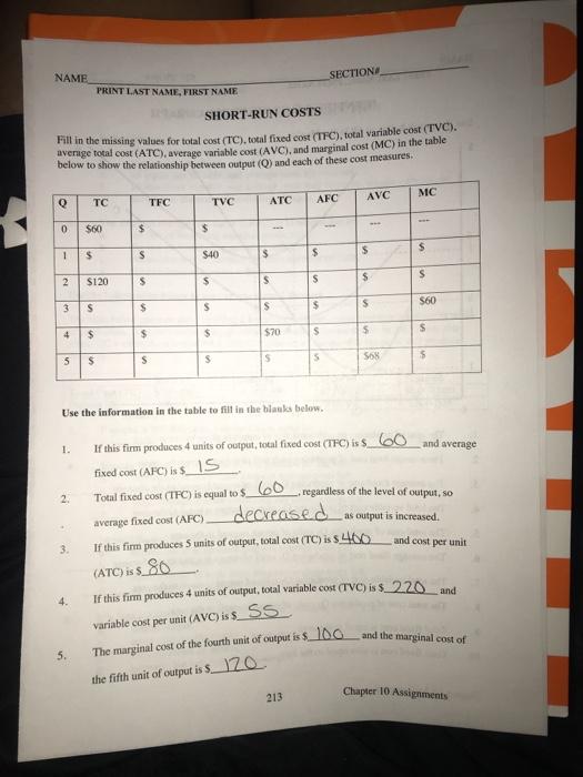 Solved NAME SECTION PRINT LAST NAME, FIRST NAME SHORT-RUN | Chegg.com