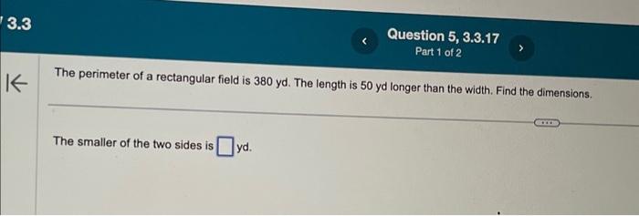 Solved The perimeter of a rectangular field is 380 yd. The | Chegg.com