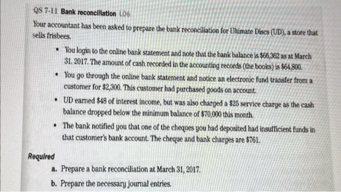 Solved QS 7.11 Bank reconciliation Lo6 Your accountant has | Chegg.com