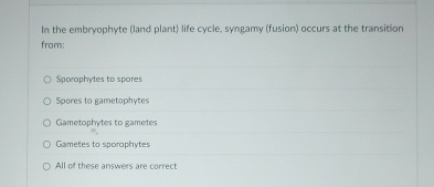 Solved In the embryophyte (land plant) ﻿life cycle, syngamy | Chegg.com