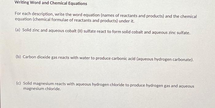 Solved Writing Word and Chemical Equations For each | Chegg.com