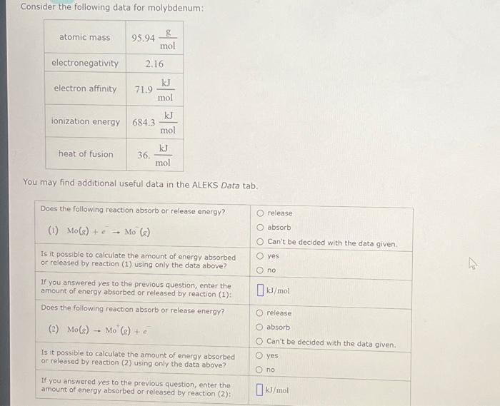 Consider the following data for molybdenum: atomic | Chegg.com