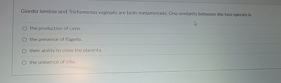Solved Giardia lamblia and Trichomonas vaginalis are both | Chegg.com