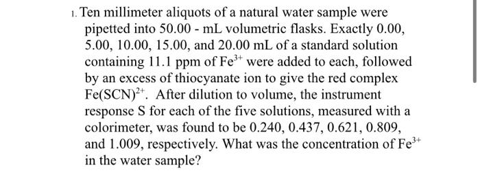 Solved 1. Ten millimeter aliquots of a natural water sample | Chegg.com