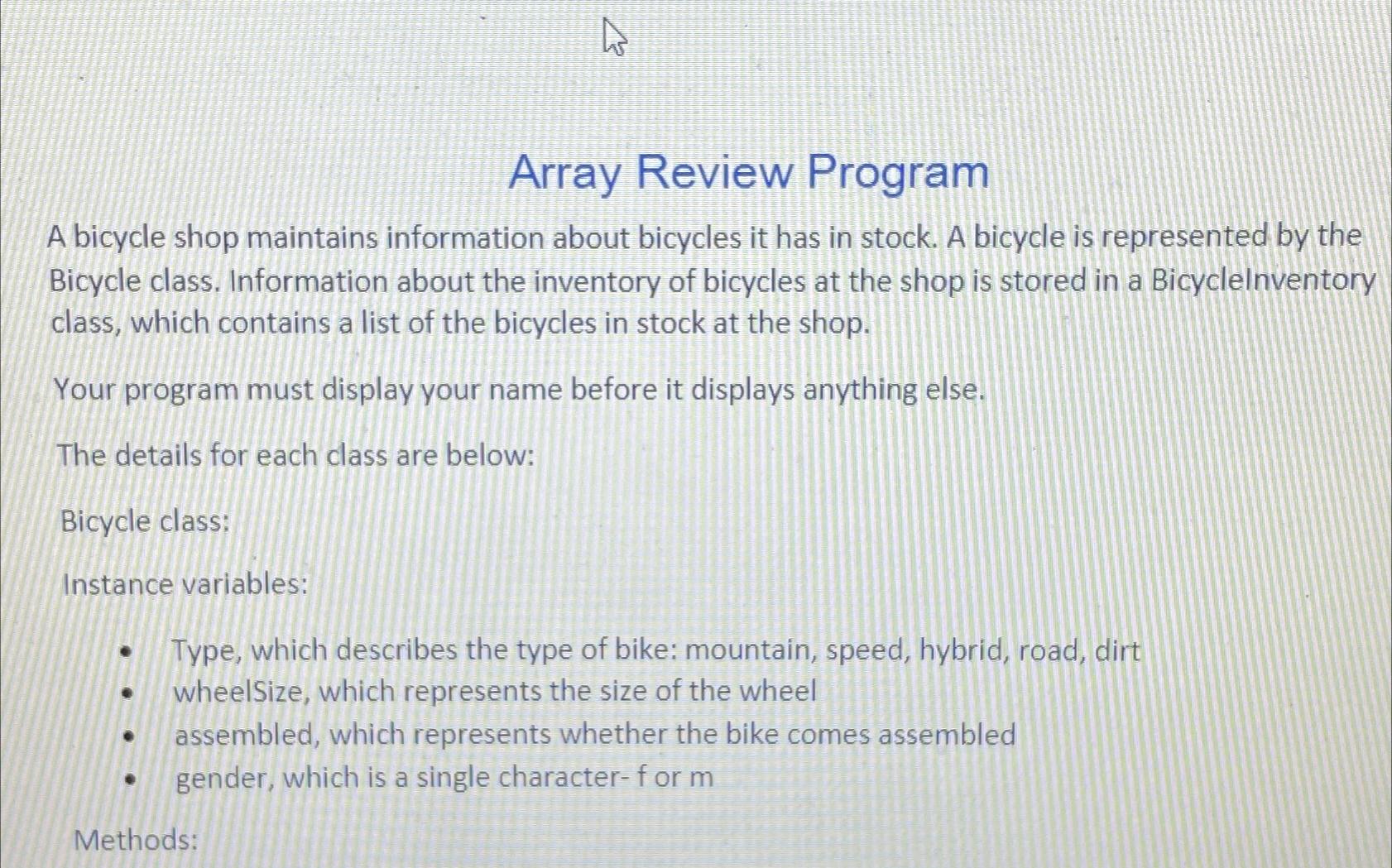 Solved Array Review ProgramA bicycle shop maintains | Chegg.com