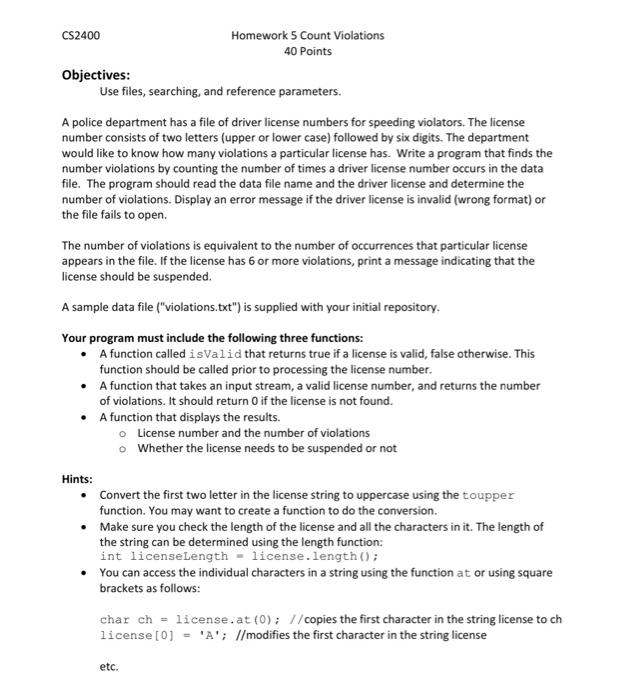 Solved CS2400 Objectives: Homework 5 Count Violations 40 | Chegg.com