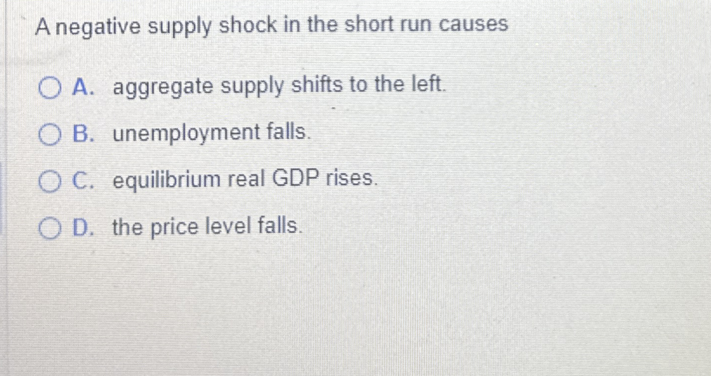 Solved A negative supply shock in the short run causesA. | Chegg.com