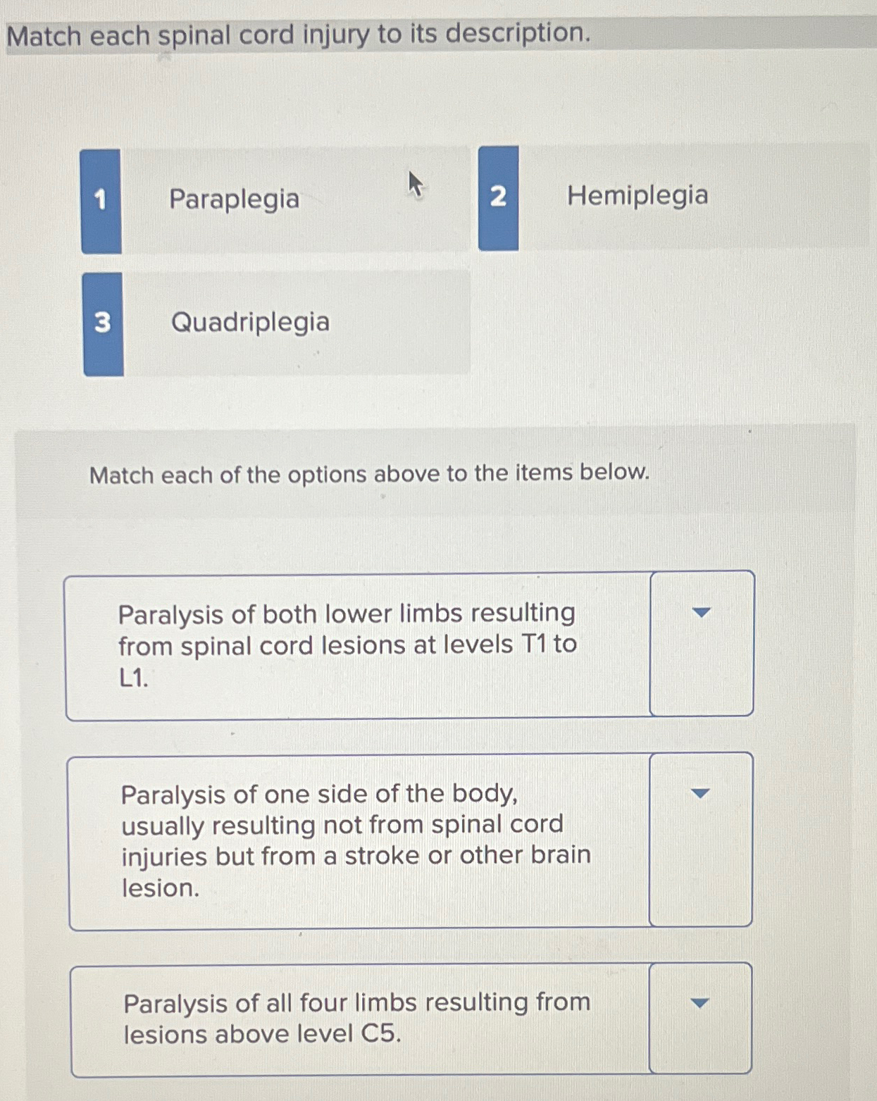 Solved Match each spinal cord injury to its | Chegg.com