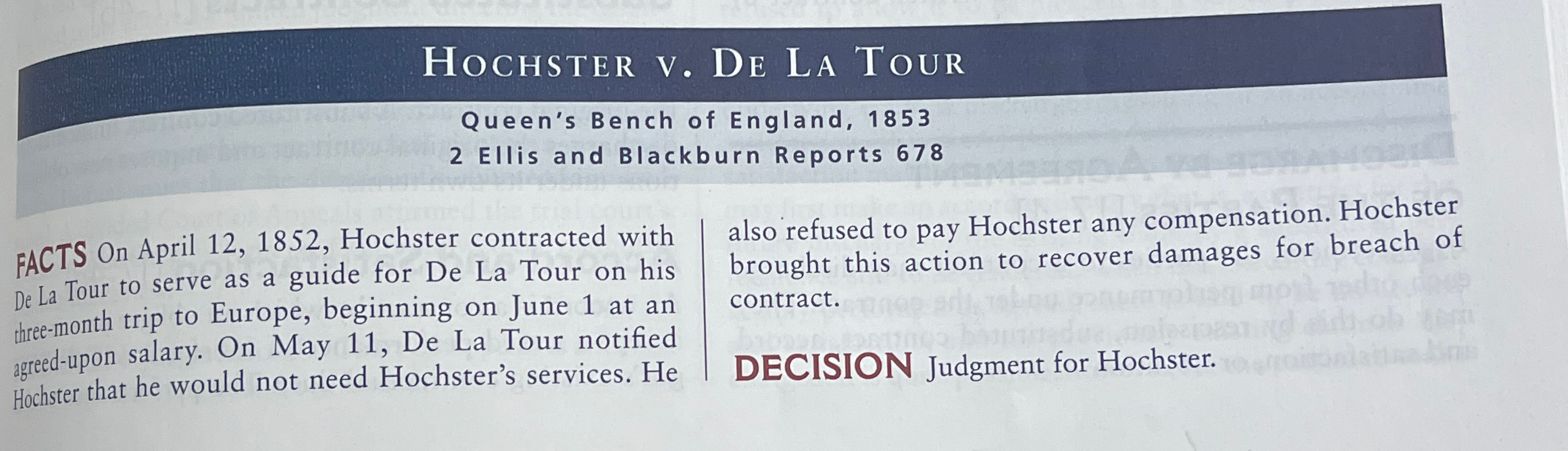 Solved Hochster v. ﻿De La TourQueen's Bench of England, | Chegg.com