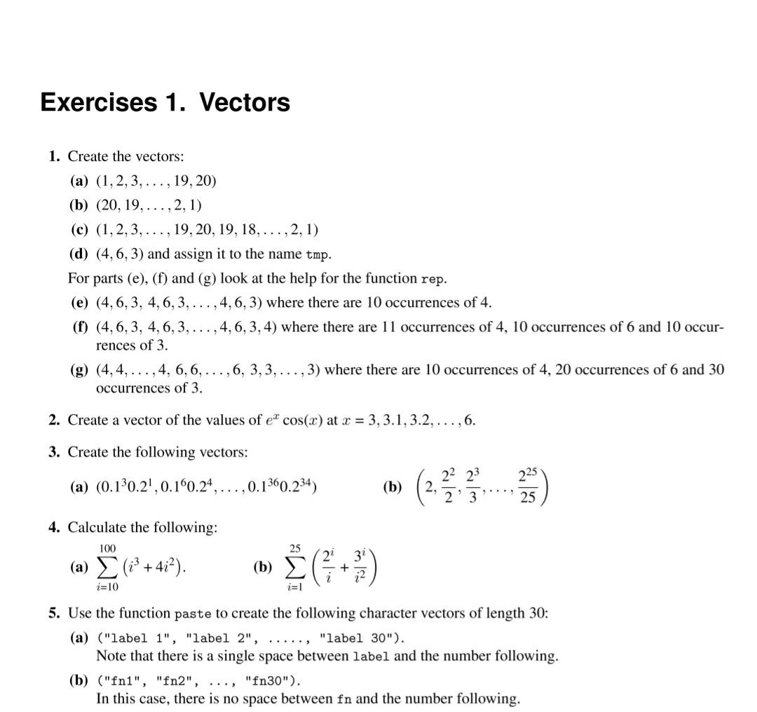 Solved Exercises 1. Vectors 1. Create the vectors: (a) | Chegg.com