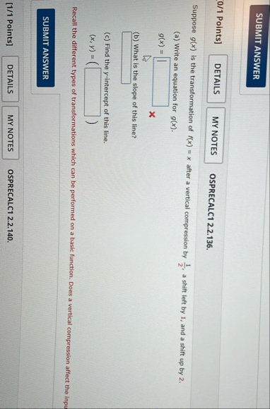 Solved 0/1 ﻿Points]OSPRECALC1 2.2.136.Suppose g(x) ﻿is the | Chegg.com