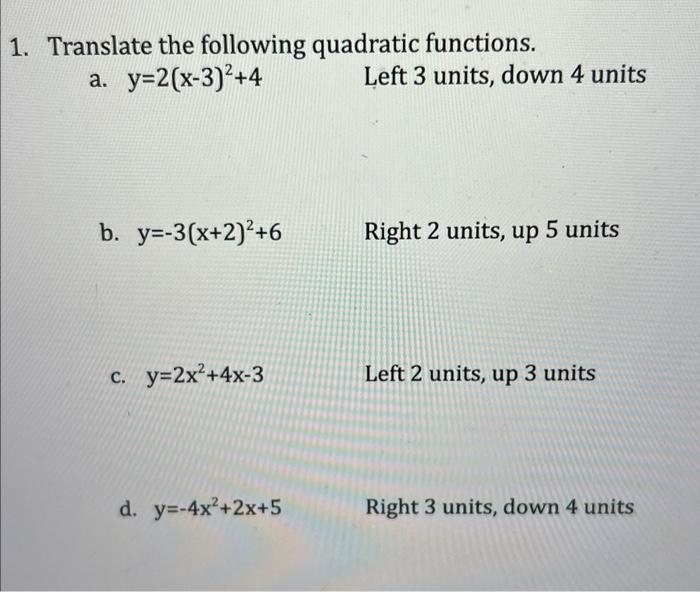 Solved Translate the following quadratic functions. a. | Chegg.com