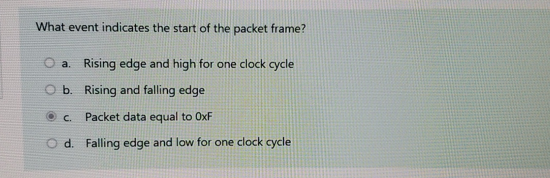 Solved What event indicates the start of the packet frame?a. | Chegg.com